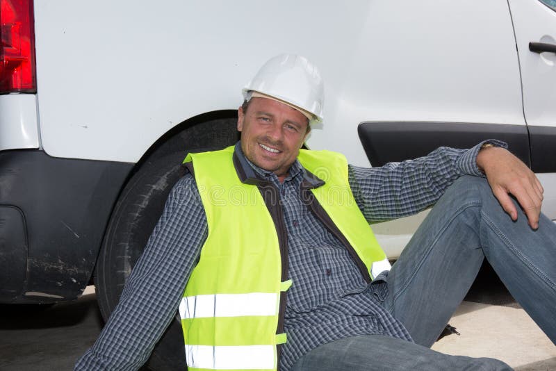 Engineer Builder Relaxing at Construction Site, Sleeping Stock Image ...