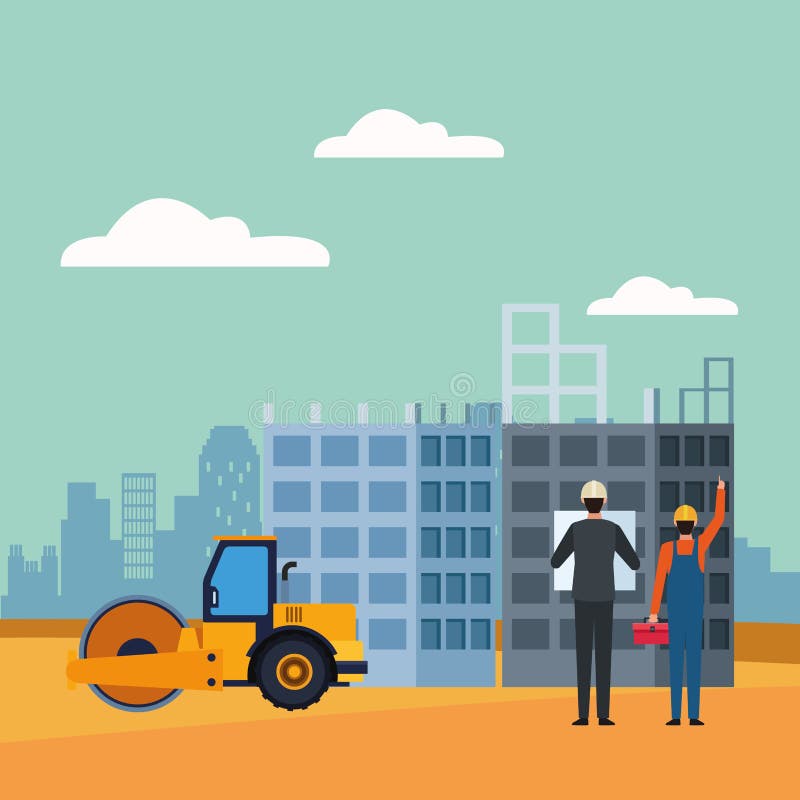 Engineer, Builder and Road Roller Truck Over Under Construction Scenery ...