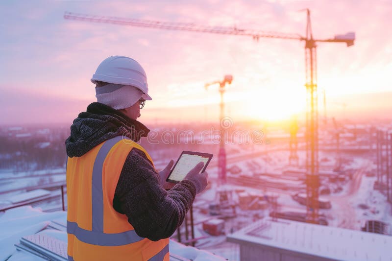 Engineer Builder Using Tablet Computer on Construction Site at Sunset ...