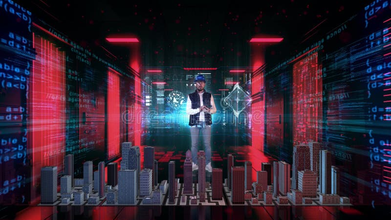 Engineer Builder Visualizes the Building Plan Standing in a Dark VR ...