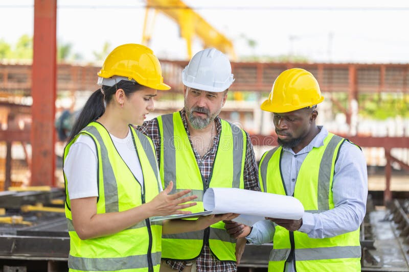 Senior Engineer and Female Foreman Team Checking Project at Precast ...