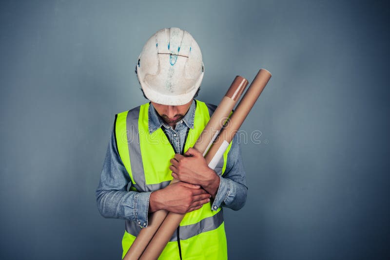 Engineer with Building Plans Stock Image - Image of developer, vest ...