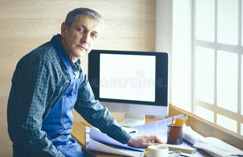 Engineer Carpenter Working on Laptop and Sketching Project Stock Image ...
