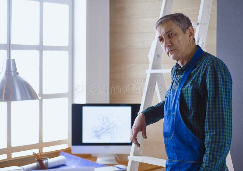 Engineer Carpenter Working on Laptop and Sketching Project Stock Image ...