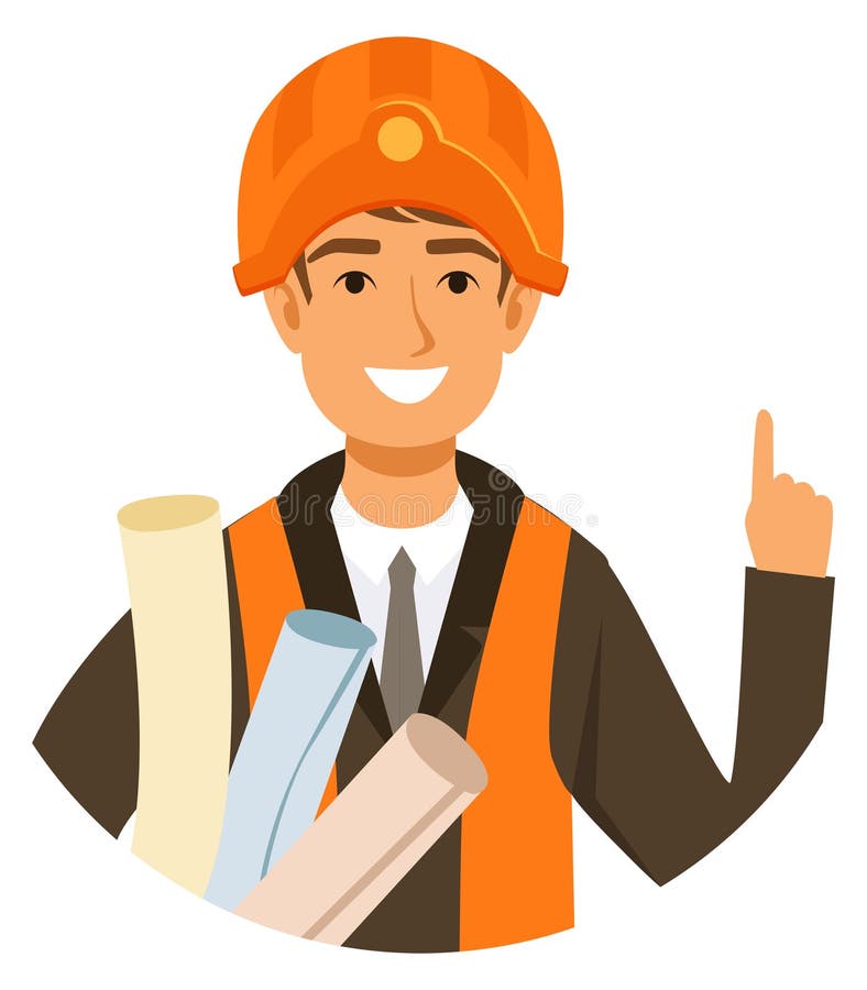 Engineer Cartoon Character. Man in Hard Hat Hold Blueprints Stock ...