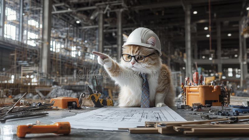 Engineer Cat in Hard Hat and Glasses Directing Construction Site ...