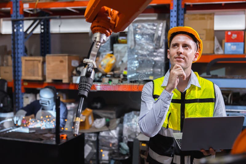 Engineer Caucasion Male Working Service Fix Operate Automatic Robot ...