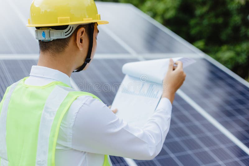 Engineer Check Data from the Sensor of Solar Cells Panel Stock Photo ...
