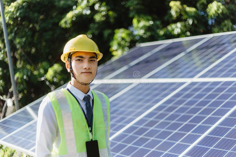 Engineer Check Data from the Sensor of Solar Cells Panel Stock Photo ...