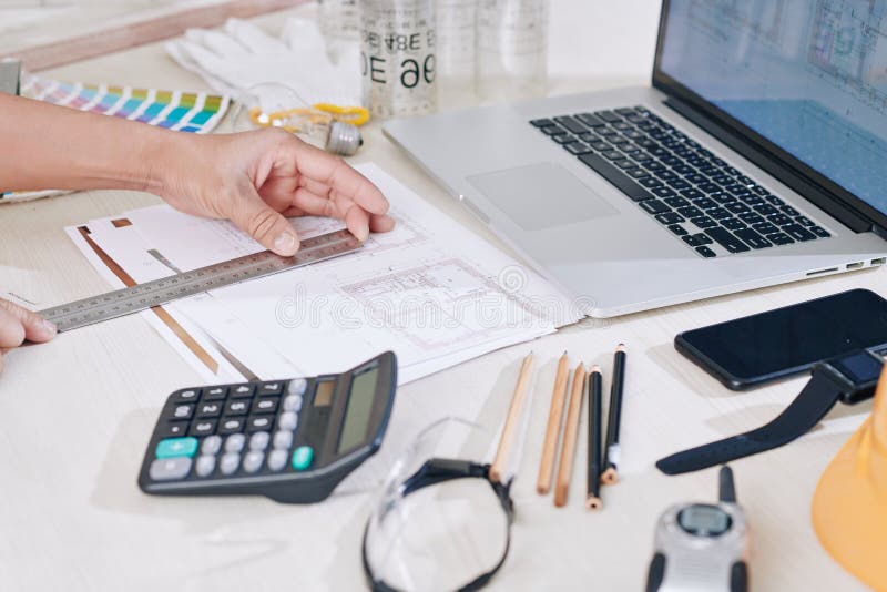 Engineer Checking Construction Plan Stock Image - Image of pencil ...