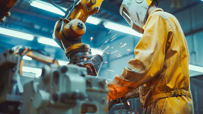 Engineer Checking and Controlling Automated Welding Robot in Industrial Factory Stock ...