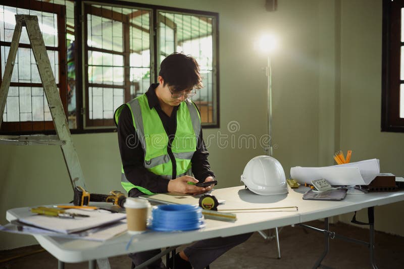 Engineer Checking Phone while Seated at Construction Planning Desk with ...