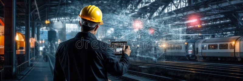 Engineer Checking Railway Track Systems with Tablet in Modern ...