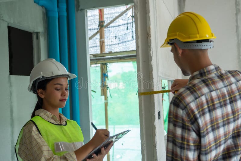 Engineer is Checking Wall Level in Building Site Stock Image - Image of ...