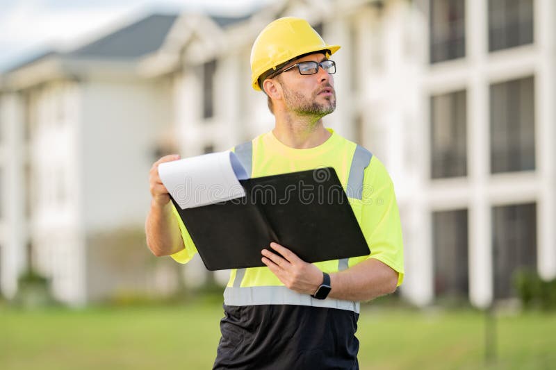 Engineer with Clipboard, Building Inspection. Builder on Site ...