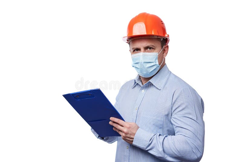Engineer with Clipboard and Face Mask Stock Image - Image of builder ...