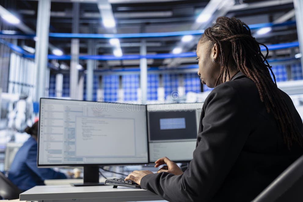 Engineer Coding at Workstation in Solar Panel Manufacturing Plant Stock ...