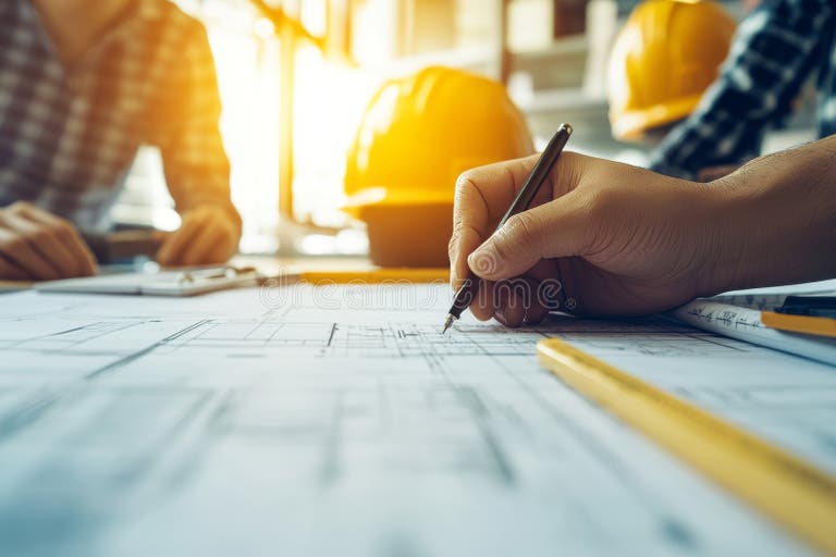 Engineer Collaborates on Blueprint Design for Construction Project with ...