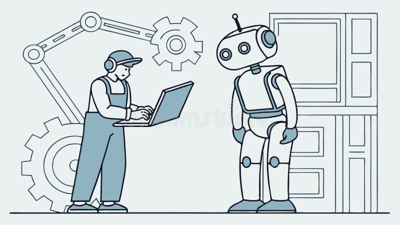 Engineer Collaborating with a Robot, Highlighting Innovation and Automation, Vector Design ...