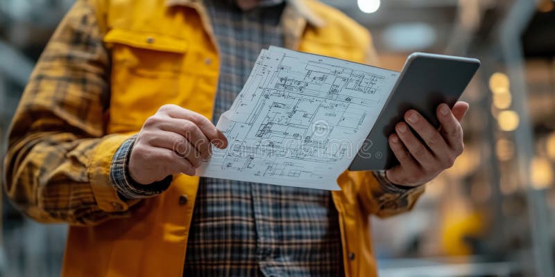 Engineer Comparing Blueprint and Tablet in Factory Stock Illustration ...