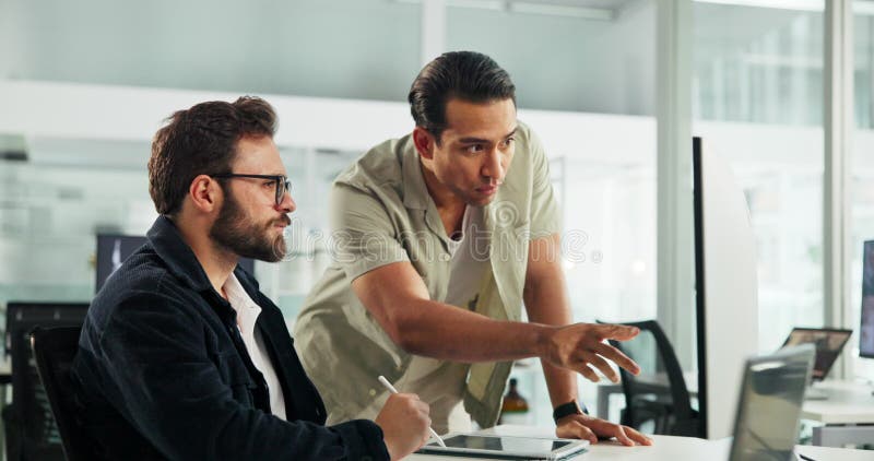 Engineer, Computer and Discussion with Teamwork for Windmill, Brainstorming and Advice for ...