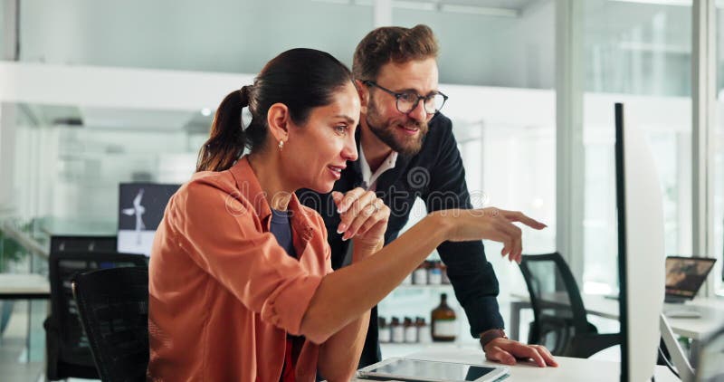 Engineer, Computer and Team High Five in Office for Windmill, Project ...