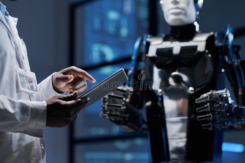 Engineer Connecting Robot with Digital Tablet Stock Photo - Image of ...