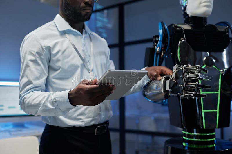 Engineer Connecting Robot with Tablet Pc Stock Photo - Image of program ...