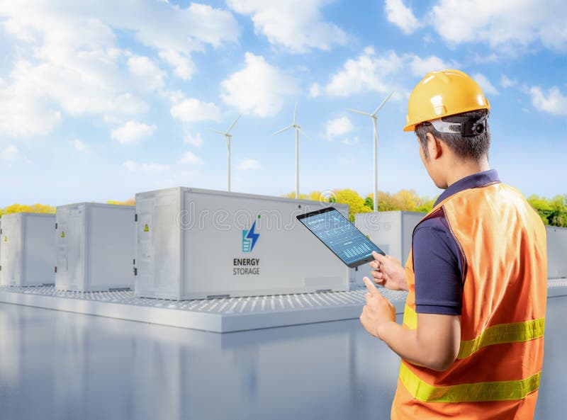 Engineer Control Energy Storage System with Tablet Stock Photo - Image ...