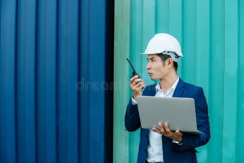 Engineer Control Worker Talking on Walkie Talkie and Working on Digital ...