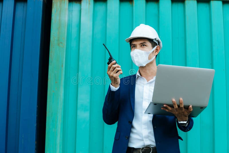 Engineer Control Worker Wearing Protection Face Mask Working on Walkie ...