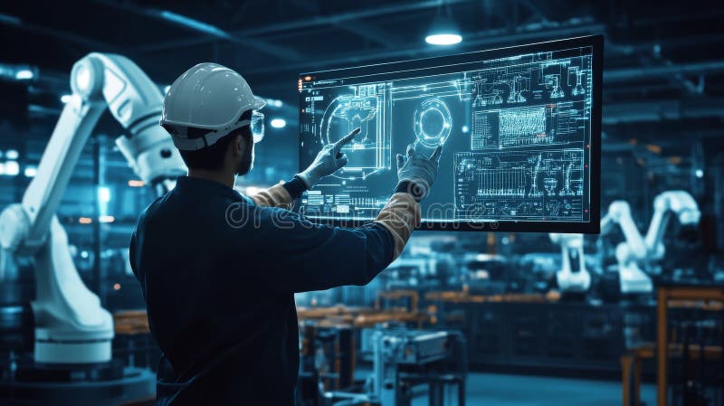 Engineer Controlling Industrial Robotics in a Futuristic Factory Stock ...