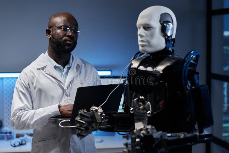 Engineer Controlling the Work of Robot Stock Photo - Image of robot ...