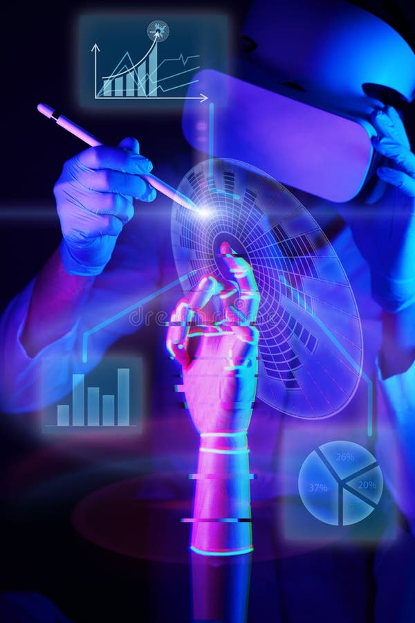 Engineer Creates a Robotic Arm. Concept of Cyber Communication and ...