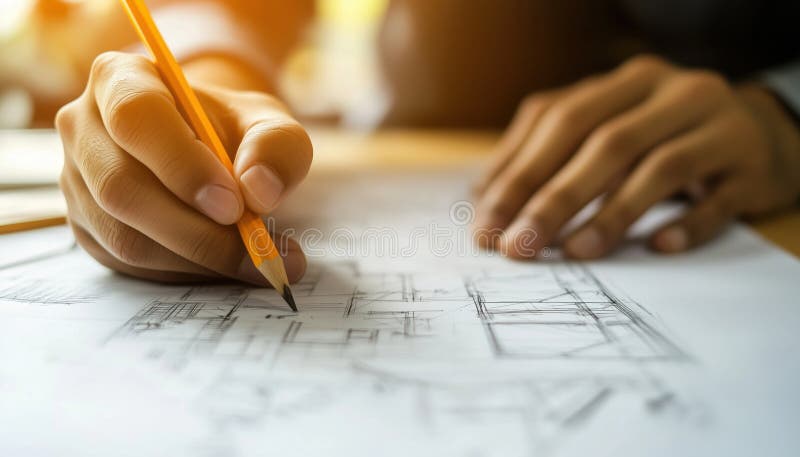 Engineer Creating a Construction Blueprint with Pencil and Compass in ...