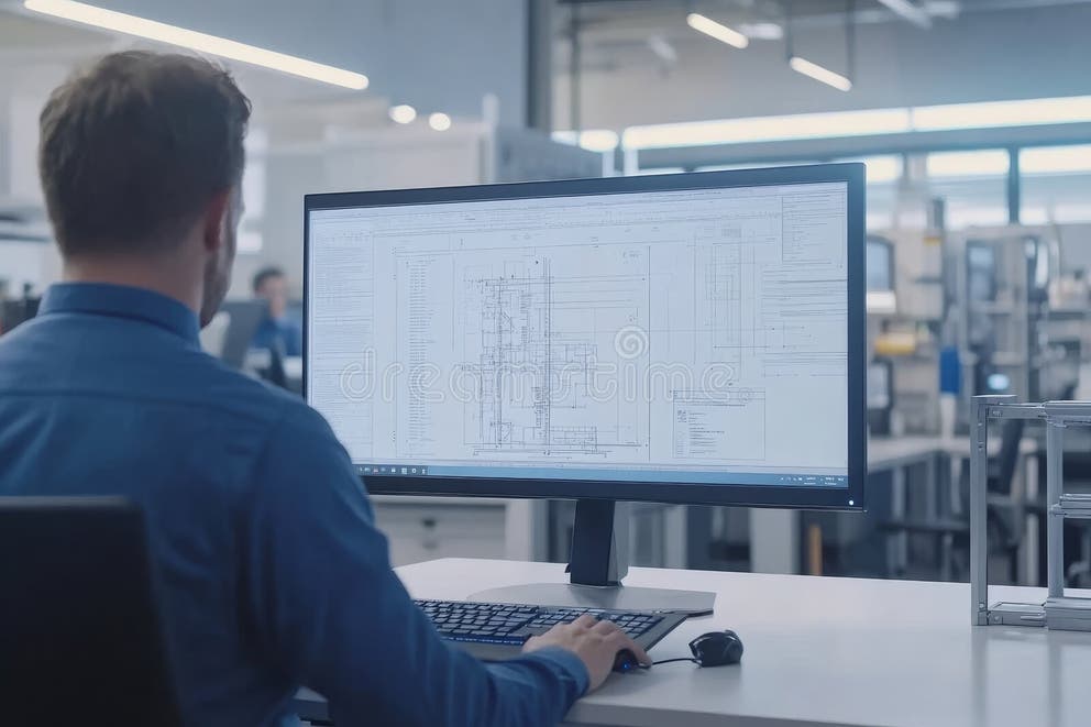 Engineer Creating Vector Designs on Computer in Industrial Office with ...