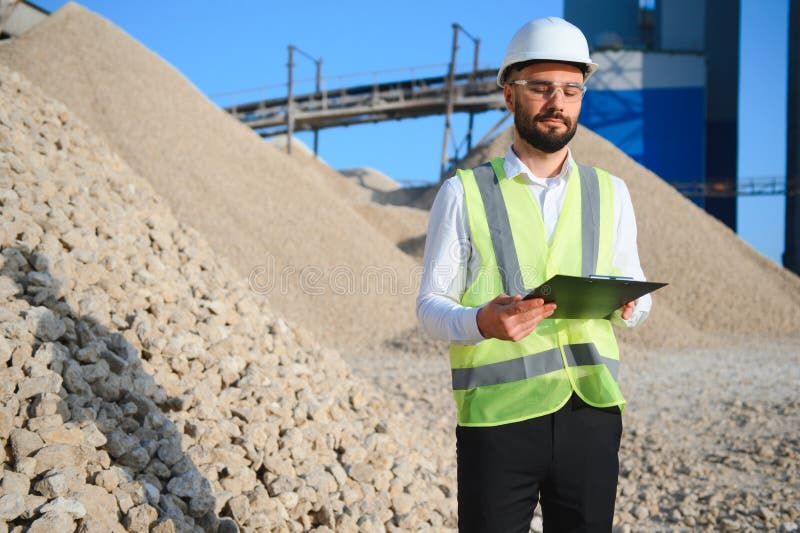 An Engineer at a Crushed Stone or Gravel Plant. Stone Mining Stock ...