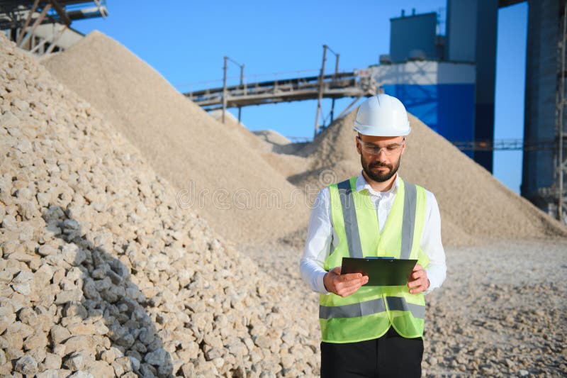 An Engineer at a Crushed Stone or Gravel Plant. Stone Mining Stock ...