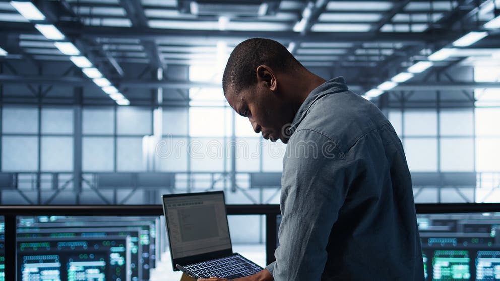 Engineer in Data Center Operating Notebook, Deploying New Server Architectures Stock Photo ...