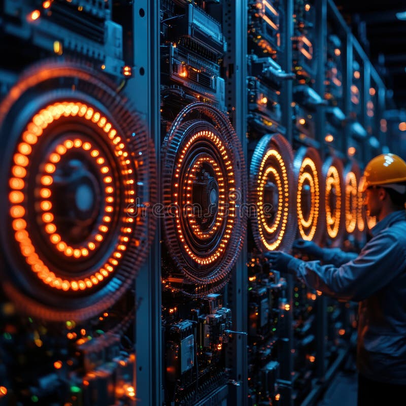 Engineer in a Data Center Working on Illuminated Servers, Highlighting ...