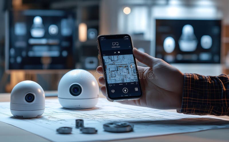 Engineer Showcasing Home Security System on Smartphone with Digital ...