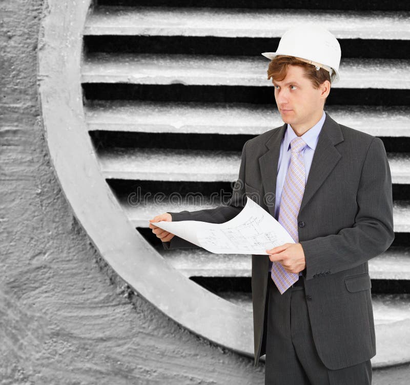 Engineer - Designer in Helmet with Drawings Stock Image - Image of ...