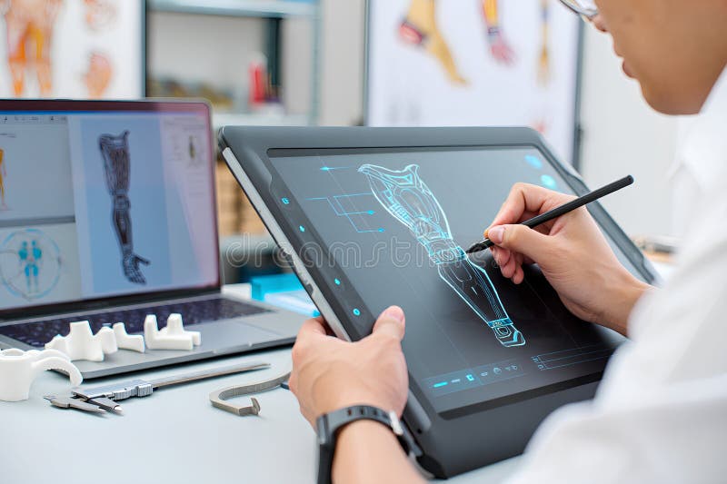Engineer Designing Advanced Prosthetic Limb on Digital Drawing Tablet ...