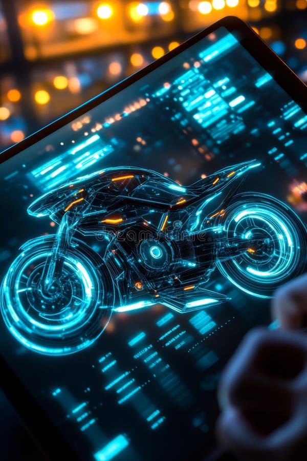 Engineer Designing Futuristic Hologram Motorcycle on Tablet in a ...