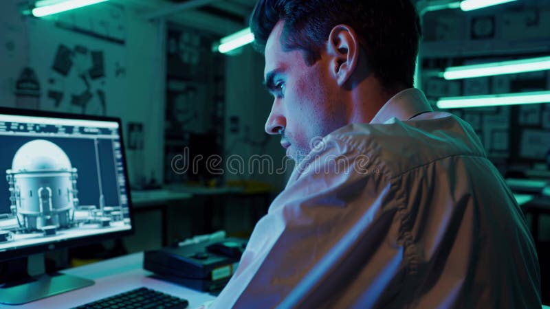 Engineer Designing Futuristic Reactor in Neon Lit Office Stock Video ...