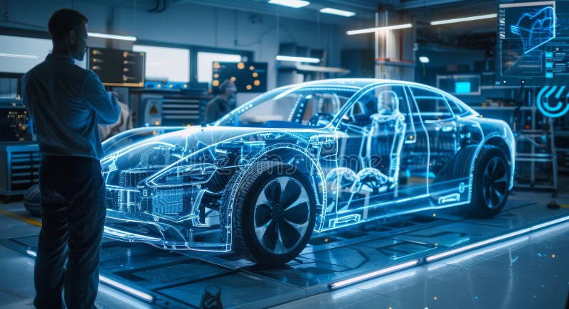Engineer Designing a Holographic Electric Car Prototype in High-tech ...