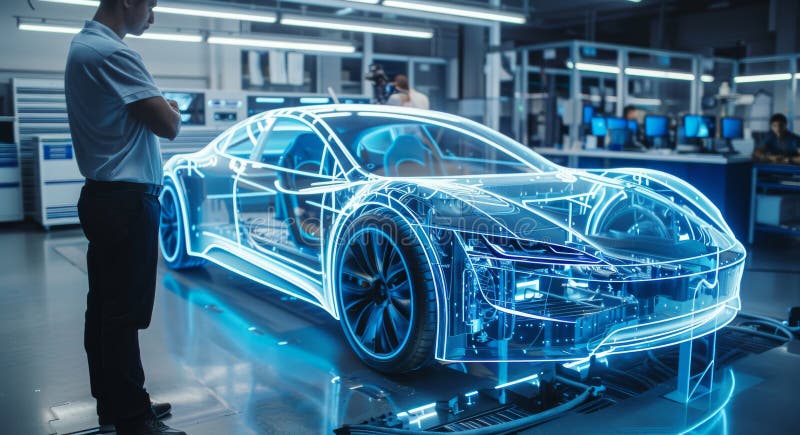 Engineer Designing a Holographic Electric Car Prototype in High-tech ...