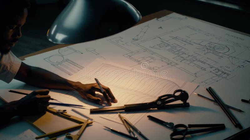 Engineer Designing a Technical Drawing Under a Desk Lamp Stock Video ...