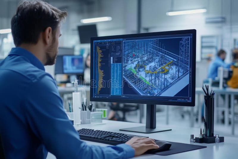 Engineer Designing Technical Drawings at Office Desk with Modern ...