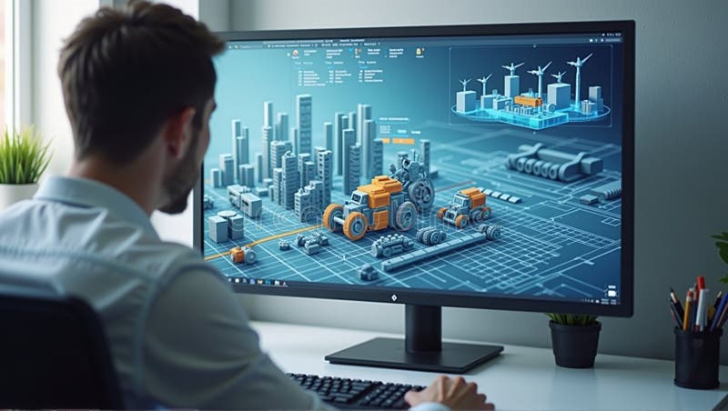 Engineer Designs Virtual Components on a Monitor, Surrounded by Tech ...